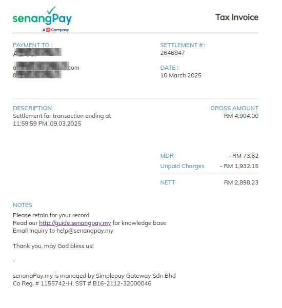 Sample calculation of settlement received